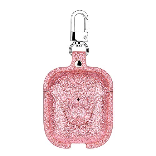 J&D AirPods 1 / AirPods 2 PU Leather Case Protective Cover, Sparkling Glittering Portable AirPods Case Cover with Durable Metal Keychain Compatible for AirPods 1, AirPods 2 Cases - Pink