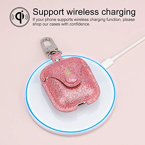 J&D AirPods 1 / AirPods 2 PU Leather Case Protective Cover, Sparkling Glittering Portable AirPods Case Cover with Durable Metal Keychain Compatible for AirPods 1, AirPods 2 Cases - Pink