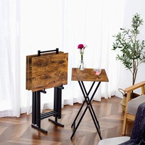 HOOBRO Folding TV Tray Tables, Set of 4 TV Trays with Storage Rack, Industrial Side Table for Eating at Couch, Foldable Snack Table for Small Space, Easy Assembly, Rustic Brown and Black BF50BZ01