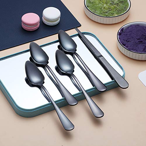 Black Grapefruit Spoons 5 Pieces Set, 4 Stainless Steel Grapefruit Spoon And 1 Grapefruit knife With Titanium Plating, Grapefruit Utensil Set, Serrated Edges Spoon pack of 5 (Black)