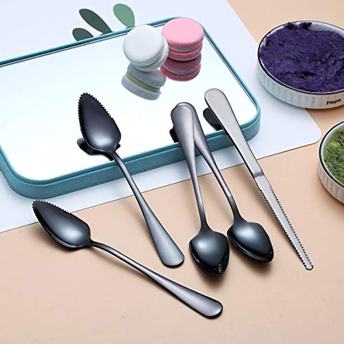 Black Grapefruit Spoons 5 Pieces Set, 4 Stainless Steel Grapefruit Spoon And 1 Grapefruit knife With Titanium Plating, Grapefruit Utensil Set, Serrated Edges Spoon pack of 5 (Black)