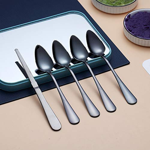 Black Grapefruit Spoons 5 Pieces Set, 4 Stainless Steel Grapefruit Spoon And 1 Grapefruit knife With Titanium Plating, Grapefruit Utensil Set, Serrated Edges Spoon pack of 5 (Black)