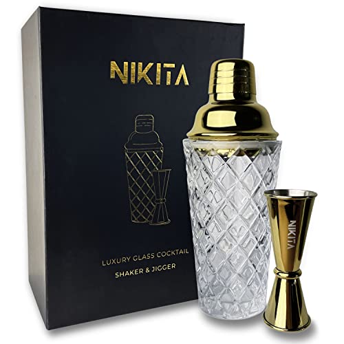 Nikita By Niki Luxury Glass Cocktail Shaker - Drink Shaker and Jigger Set - Stainless Steel Lid with Strainer - Martini Shaker Set - Silver, Rose Gold, Gold Cocktail Shaker Set Bartender Kit