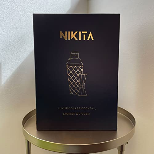 Nikita By Niki Luxury Glass Cocktail Shaker - Drink Shaker and Jigger Set - Stainless Steel Lid with Strainer - Martini Shaker Set - Silver, Rose Gold, Gold Cocktail Shaker Set Bartender Kit