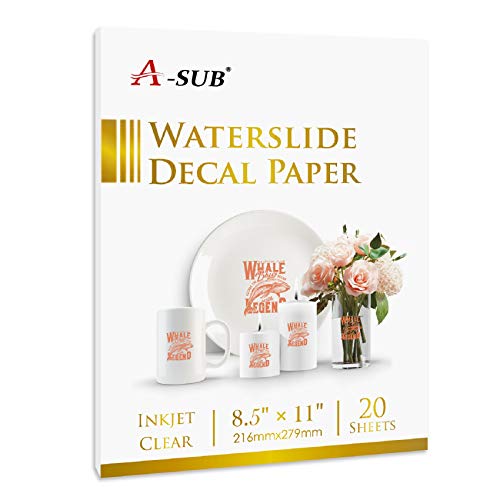 A-SUB Waterslide Decal Paper for Inkjet Printers 20 Sheets Clear Water Slide Transfer Paper 8.5x11 in for DIY Tumbler, Mug, Glass Decals