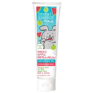 desert essence, green apple watermelon toothpaste kids gel, 4.7 oz. - safe to swallow, fluoride free, sls free, gluten-free, vegan, plant powered formula, great tasting, removes plaque and buildup