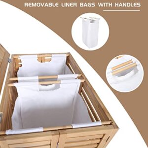 VEIKOU Hamper with Lid, Bamboo Laundry Basket 2 Compartment, Divider Dirty Clothes Hamper, 120L Large Foldable Laundry Sorter with Removable Liners Bags