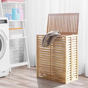 VEIKOU Hamper with Lid, Bamboo Laundry Basket 2 Compartment, Divider Dirty Clothes Hamper, 120L Large Foldable Laundry Sorter with Removable Liners Bags