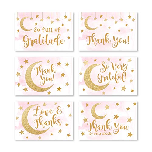 24 Pink Stars Baby Shower Thank You Cards With Envelopes, Kids Thank-You Note, 4x6 Gratitude Card Gift For Guest Pack For Party, Birthday, For Girls Children, Cute Angel Twinkle Moon Event Stationery