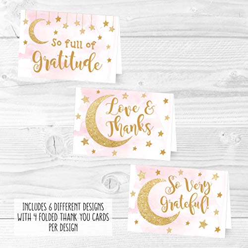 24 Pink Stars Baby Shower Thank You Cards With Envelopes, Kids Thank-You Note, 4x6 Gratitude Card Gift For Guest Pack For Party, Birthday, For Girls Children, Cute Angel Twinkle Moon Event Stationery