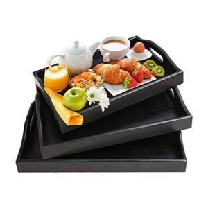 serving tray with handles - wood bamboo trays for food breakfast party,tea coffee table ottoman decor set of 3 (black)