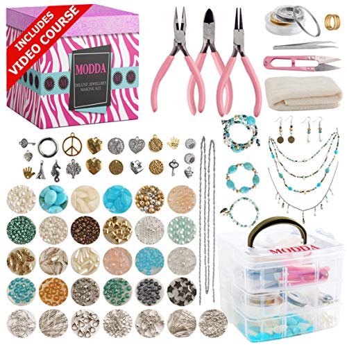 MODDA Deluxe Jewelry Making Kit with Video Course, Includes Instructions, Beads, Necklace, Bracelet, Earrings Making, Crafts for Adults, Beginners, Christmas Gift for Teens, Girls 13-15, Moms, Women