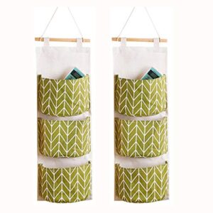 votono hanging storage bag wall mounted 3-bag door organizer linen cotton fabric 2 pack for room and bathroom (2 pack green)