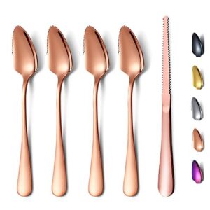 homquen rose gold grapefruit spoons 5 pieces set, 4 stainless steel grapefruit spoon and 1 grapefruit knife with titanium plating, grapefruit utensil set, serrated edges spoon pack of 5