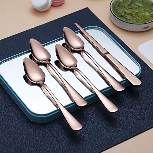 HOMQUEN Rose Gold Grapefruit Spoons 5 Pieces Set, 4 Stainless Steel Grapefruit Spoon and 1 Grapefruit Knife with Titanium Plating, Grapefruit Utensil Set, Serrated Edges Spoon Pack of 5