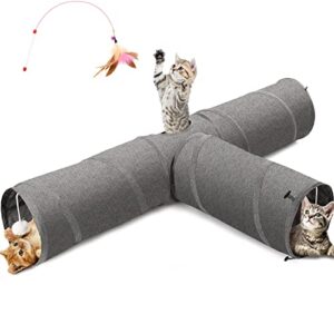 ownpets cat tunnel, 3 way collapsible kitty tunnel 47 inch long cat tube with plush ball & feather toy, large cat play tunnel for indoor cat, kitten, puppy, rabbit,and mongoose