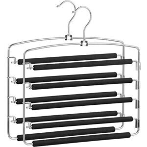 SONGMICS Pants Hangers Space Saving, 5 Layer Pants Hangers, Set of 2 Multiple Pant Hanger, Pants Organizer Hanger, Swing Arm Pants Hangers with Non-Slip Padding, Silver and Black UCRI041B02