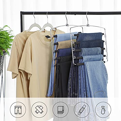 SONGMICS Pants Hangers Space Saving, 5 Layer Pants Hangers, Set of 2 Multiple Pant Hanger, Pants Organizer Hanger, Swing Arm Pants Hangers with Non-Slip Padding, Silver and Black UCRI041B02