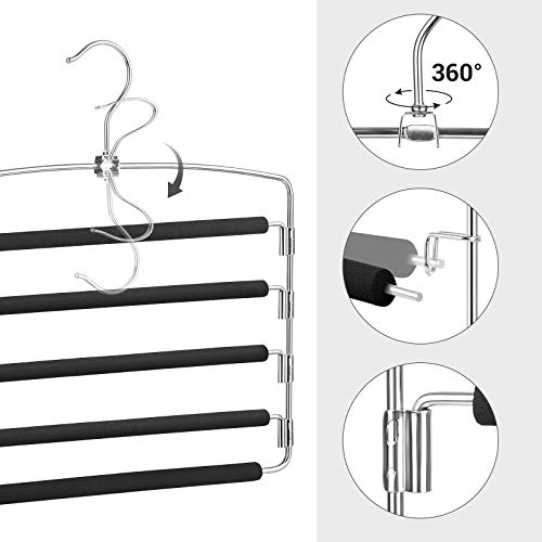 SONGMICS Pants Hangers Space Saving, 5 Layer Pants Hangers, Set of 2 Multiple Pant Hanger, Pants Organizer Hanger, Swing Arm Pants Hangers with Non-Slip Padding, Silver and Black UCRI041B02