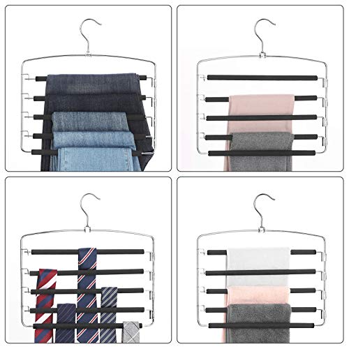 SONGMICS Pants Hangers Space Saving, 5 Layer Pants Hangers, Set of 2 Multiple Pant Hanger, Pants Organizer Hanger, Swing Arm Pants Hangers with Non-Slip Padding, Silver and Black UCRI041B02