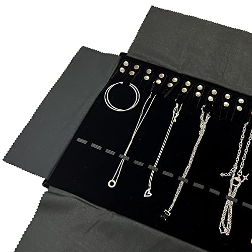 UnionPlus Velvet Travel Jewelry Roll Bag Organizer for Necklaces Bracelets, Extra Large Black with Elastic Band for Necklaces Only