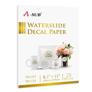 a-sub waterslide decal paper for inkjet printers 25 sheets white water slide transfer paper 8.5x11 in for diy tumbler, mug, glass decals