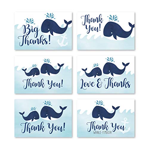 24 Blue Whale Baby Shower Thank You Cards With Envelopes, Kids Thank-You Note, 4x6 Gratitude Card Gift For Guest Pack For Party, Birthday, Boy or Girl Children, Cute Beach Nautical Event Stationery