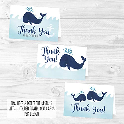 24 Blue Whale Baby Shower Thank You Cards With Envelopes, Kids Thank-You Note, 4x6 Gratitude Card Gift For Guest Pack For Party, Birthday, Boy or Girl Children, Cute Beach Nautical Event Stationery