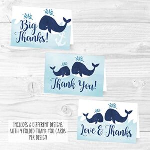 24 Blue Whale Baby Shower Thank You Cards With Envelopes, Kids Thank-You Note, 4x6 Gratitude Card Gift For Guest Pack For Party, Birthday, Boy or Girl Children, Cute Beach Nautical Event Stationery