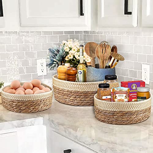 Round Rattan Baskets Set for Organizing Wicker Storage Basket for Fruit, Bread Serving Basket Decorative Gift Baskets Empty, Countertop Baskets for Pantry and Bathroom