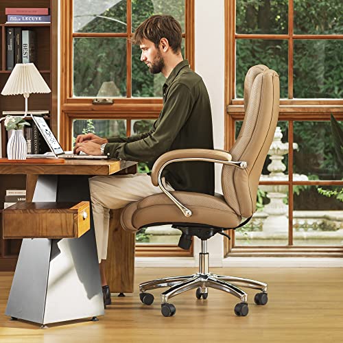 Elm Plus Big and Tall Executive Office High-Back Computer Desk Swivel Adjustable Air PU Leather Ergonomic Chair with Lumbar Support, 400-Pound Capacity, Camel