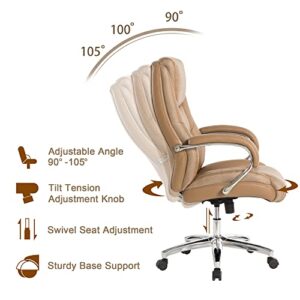 Elm Plus Big and Tall Executive Office High-Back Computer Desk Swivel Adjustable Air PU Leather Ergonomic Chair with Lumbar Support, 400-Pound Capacity, Camel