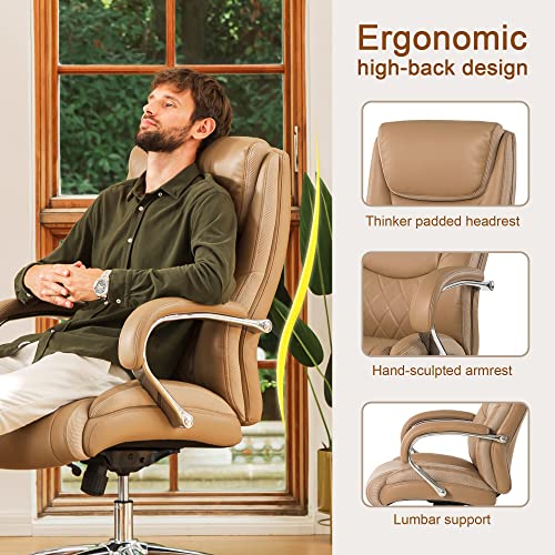 Elm Plus Big and Tall Executive Office High-Back Computer Desk Swivel Adjustable Air PU Leather Ergonomic Chair with Lumbar Support, 400-Pound Capacity, Camel