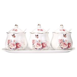 fanquare sugar bowl,flower cermica sugar bowl with lid,spoon and tray,coffee sugar tea canister set,seasoning box salt bowl,set of 3