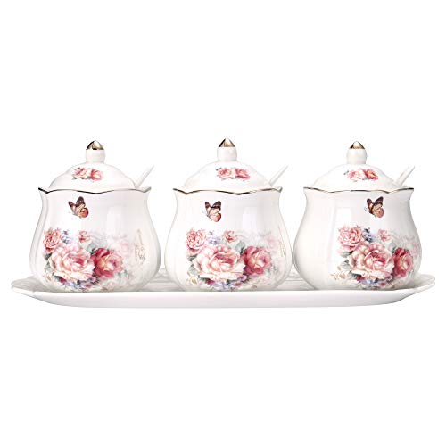 fanquare Sugar Bowl,Flower Cermica Sugar Bowl with Lid,Spoon and Tray,Coffee Sugar Tea Canister Set,Seasoning Box Salt Bowl,Set of 3