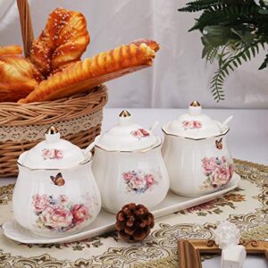 fanquare Sugar Bowl,Flower Cermica Sugar Bowl with Lid,Spoon and Tray,Coffee Sugar Tea Canister Set,Seasoning Box Salt Bowl,Set of 3