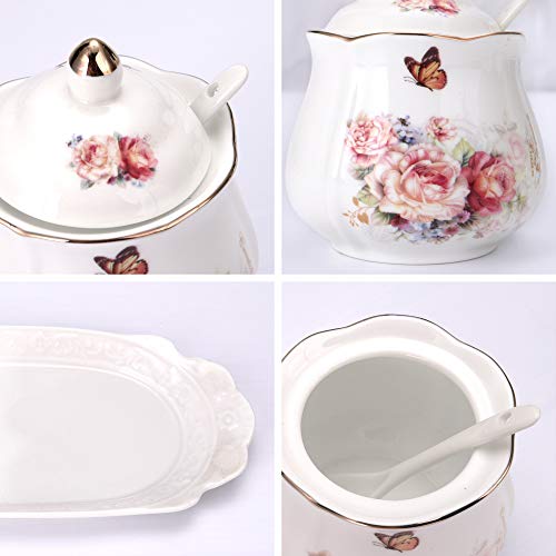 fanquare Sugar Bowl,Flower Cermica Sugar Bowl with Lid,Spoon and Tray,Coffee Sugar Tea Canister Set,Seasoning Box Salt Bowl,Set of 3