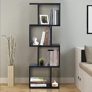 giantex 4 tier bookshelf s shaped bookcase, multifunctional wooden display decor furniture, free standing industrial storage rack for living room bedroom office, modern 4 shelf bookcase (black, 1)