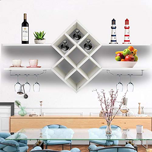 Ejoyous Wine Rack with Glass Holder Wall Mounted, Rustic Wooden Wine Bottle Rack Cabinet Grid Hanging Wine Stemware Storage Rack Plant Flower Display Shelf for Bar Kitchen Restaurants (White 1)