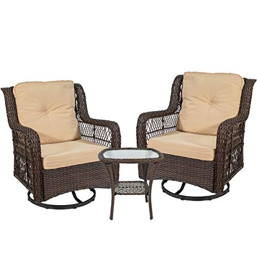 On Shine 3 Piece Patio Furniture Wicker Rattan Rocker Bistro Furniture Set Out Door Furniture Set,Rocking Chair Set with Glass Coffee Table and Comfortable Cotton Cushions (Brown)