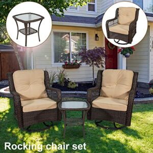 On Shine 3 Piece Patio Furniture Wicker Rattan Rocker Bistro Furniture Set Out Door Furniture Set,Rocking Chair Set with Glass Coffee Table and Comfortable Cotton Cushions (Brown)