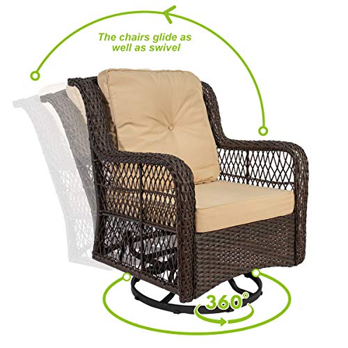 On Shine 3 Piece Patio Furniture Wicker Rattan Rocker Bistro Furniture Set Out Door Furniture Set,Rocking Chair Set with Glass Coffee Table and Comfortable Cotton Cushions (Brown)