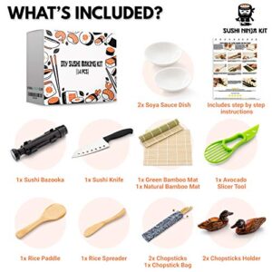 Sushi Ninja Sushi Making Kit for Beginners - Sushi Bazooka Sushi Maker Kit with Bamboo Sushi Rolling Mat, Sushi Knife, Avocado Slicer, Chopsticks, Rice Paddle, Rice Spreader & DIY Sushi Roller Guide