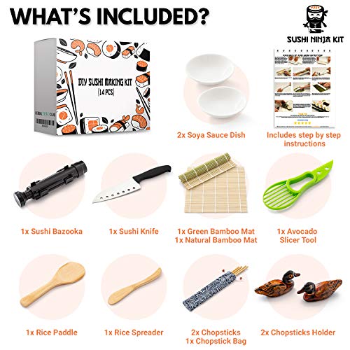 Sushi Ninja Sushi Making Kit for Beginners - Sushi Bazooka Sushi Maker Kit with Bamboo Sushi Rolling Mat, Sushi Knife, Avocado Slicer, Chopsticks, Rice Paddle, Rice Spreader & DIY Sushi Roller Guide