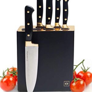 Black and Gold Knife Set with Block - 6 PC Luxe Gold Kitchen Knife Set with Block Self Sharpening - Modern Knife Set with Self Sharpening Knife Block Set - Black and Gold Kitchen Accessories