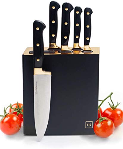 Black and Gold Knife Set with Block - 6 PC Luxe Gold Kitchen Knife Set with Block Self Sharpening - Modern Knife Set with Self Sharpening Knife Block Set - Black and Gold Kitchen Accessories