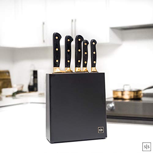 Black and Gold Knife Set with Block - 6 PC Luxe Gold Kitchen Knife Set with Block Self Sharpening - Modern Knife Set with Self Sharpening Knife Block Set - Black and Gold Kitchen Accessories