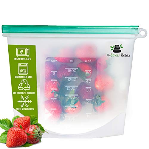 Reusable Silicone Food Storage Bag, Freezer Safe and Leakproof with Hermetic Lid, Plastic Free Food Grade Storage Bag for Marinate Food/Liquid/Sandwich/Fruits/Cereal/Meat