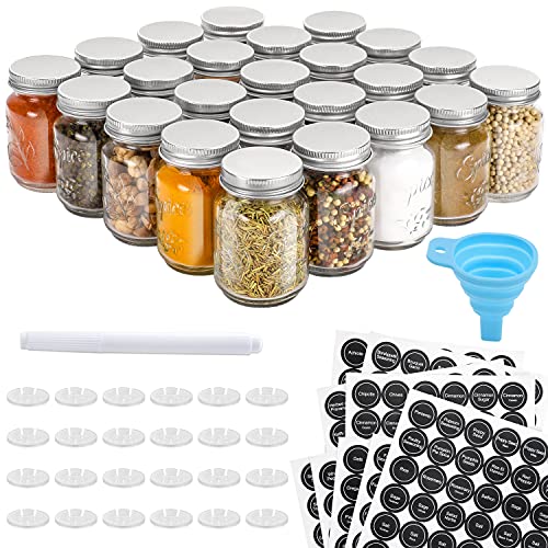 AOZITA 24 Pcs Glass Mason Spice Jars/Bottles - 4oz Empty Spice Containers with Spice Labels - Shaker Lids and Airtight Metal Caps - Silicone Collapsible Funnel Included