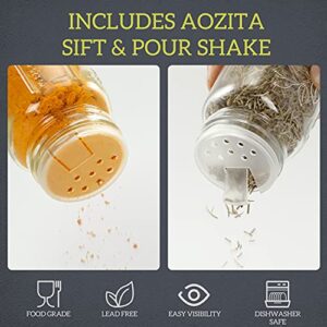 AOZITA 24 Pcs Glass Mason Spice Jars/Bottles - 4oz Empty Spice Containers with Spice Labels - Shaker Lids and Airtight Metal Caps - Silicone Collapsible Funnel Included